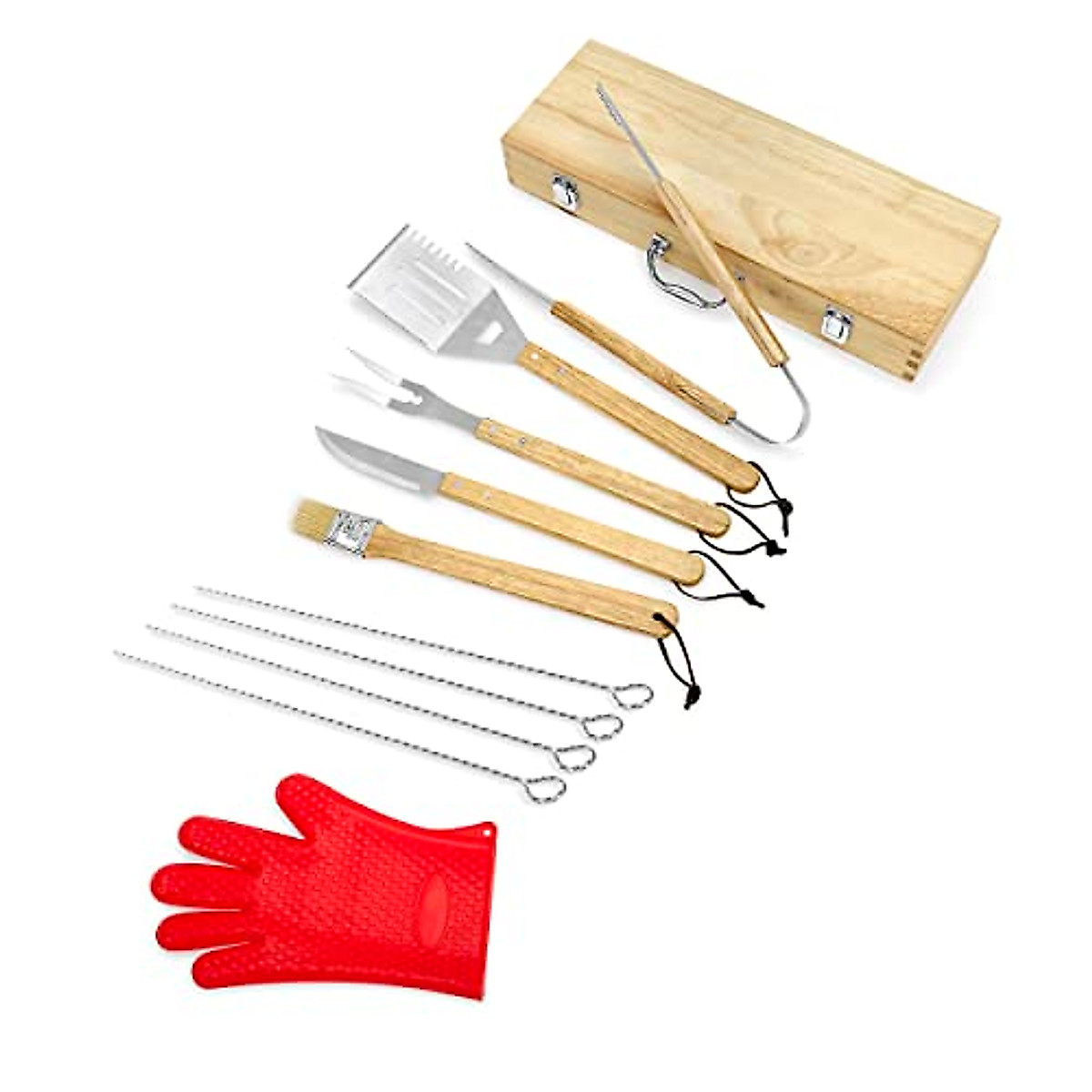 Makerflo BBQ Grill Accessories Set, Barbecue 11 Pieces Maple Wood Toolbox, Stainless Steel Utensils with Gloves, Organized Outdoor Cooking Camping Grilling Rust Free Portable Kit, Gifts for Men