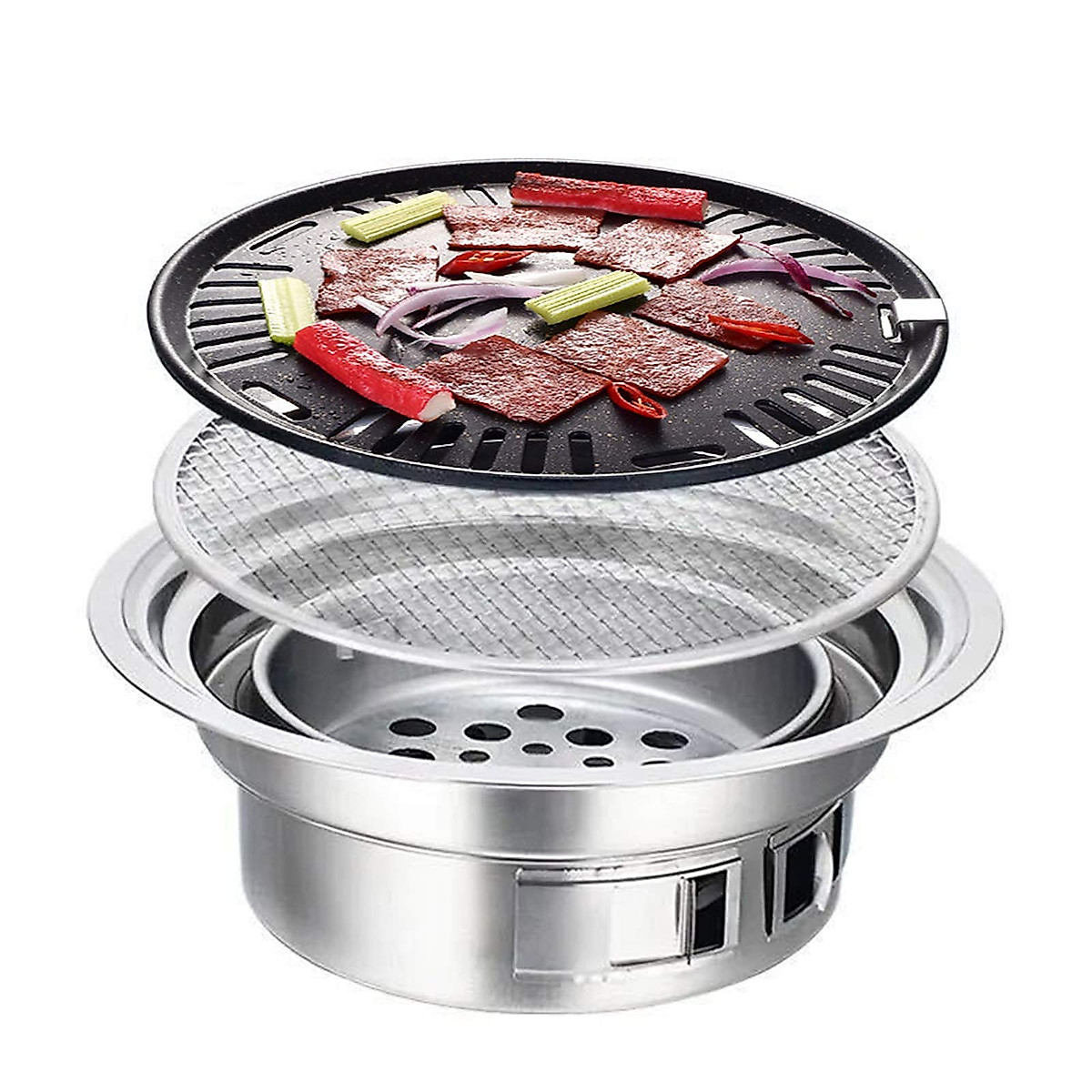 BBQ Charcoal Grill 15.7 inch Round Stove-top Household Indoor Carbon Grill for Camping Picnic Party Silver