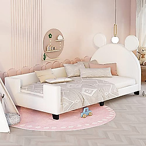 GINGVAT Twin Size Upholstered Daybed with Carton Ears Shaped Headboard,Wooden Daybed Frame,PU Leather Platform Bed for Kids,White