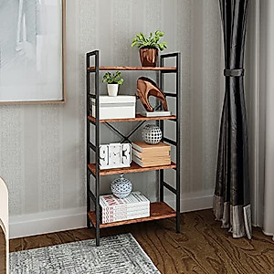 Steehoom 4-Tier Adjustable Bookshelf, Rustic Wood and Metal Standing Tall Bookcase, Open Back Modern Industrial Bookshelves Organizer