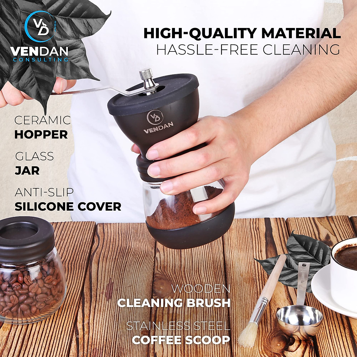 VenDan Manual Coffee Grinder - Hand Crank Coffee Grinder with Travel Jar - Coffee Bean Grinder - Incl. Coffee Scoop & Cleaning Brush - Molino de Cafe