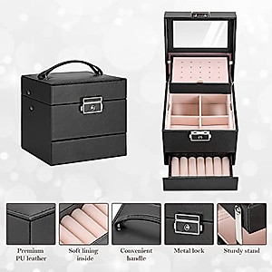 ProCase Jewelry Box for Girl Women Traveling, Ideal Gift Small 3 Layers Jewelry Organizer Display Storage Holder Case with Mirror Lock for Earrings Rings Necklaces Bracelets -Black