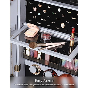 Nicetree 360° Swivel Jewelry Cabinet with Lights, Touch Screen Vanity Mirror, Rotatable Full Length Mirror with Jewelry Storage, Standing Jewelry Armoire Organizer, Foldable Makeup Shelf,Gray