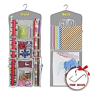 ProPik Hanging Double Sided Christmas Gift Wrapping Paper Storage Organizer With Multiple Pockets Organize Your Gift Wrap, Gift Bags Bows Ribbons 40"X17" Fits 40 Inch Rolls Clear PVC Bag (Grey)