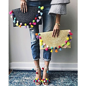 Straw Pom Pom and Tassel Clutch - Fashion Bag for Summer Large