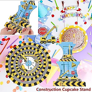 Cupcake Stand for Construction Birthday Party Supplies with 12pcs Cupcake Toppers, Construction Cupcake Holder for Birthday Decorations, 3 Tier Cupcake Stand for Boys Birthday Cake Decorations