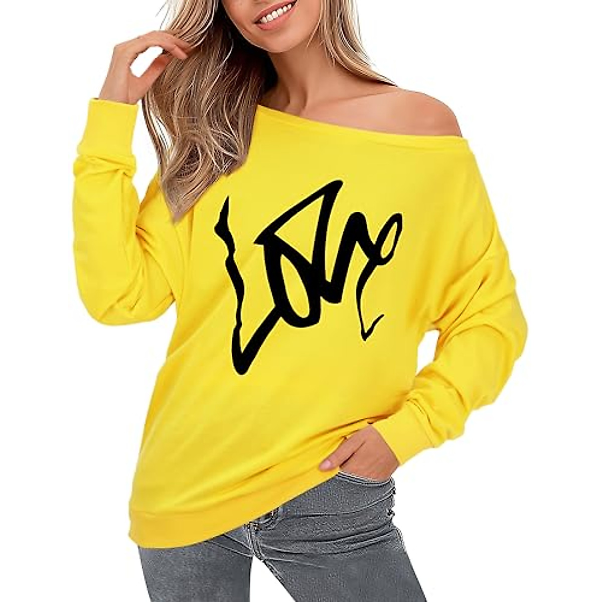AM CLOTHES Sweatshirt for Women Off Shoulder Oversized Sweatshirts Long Sleeve Sweaters Shirts Tops 3X-Large 01-yellow