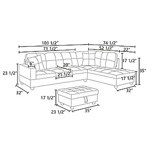 HOMVET Red Flannel and PVC Sectional Sofa Furniture Set, L-Shape Couch with Right Chaise, Storage Ottoman, and 2 Toss Pillows,for Living Room/Apartment/Office