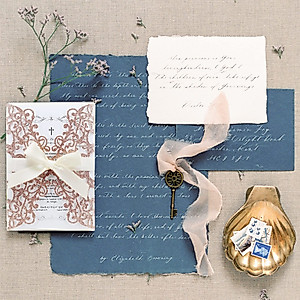 KALOPEZY 50PCS Wedding Invitation,Rose Gold invitations,Gold Powder Floral Laser Cut with Blank Inner Sheet, Envelopes and Ribbons for Party Wedding Engagement Bridal Bridal Shower Invite (Rose Gold)