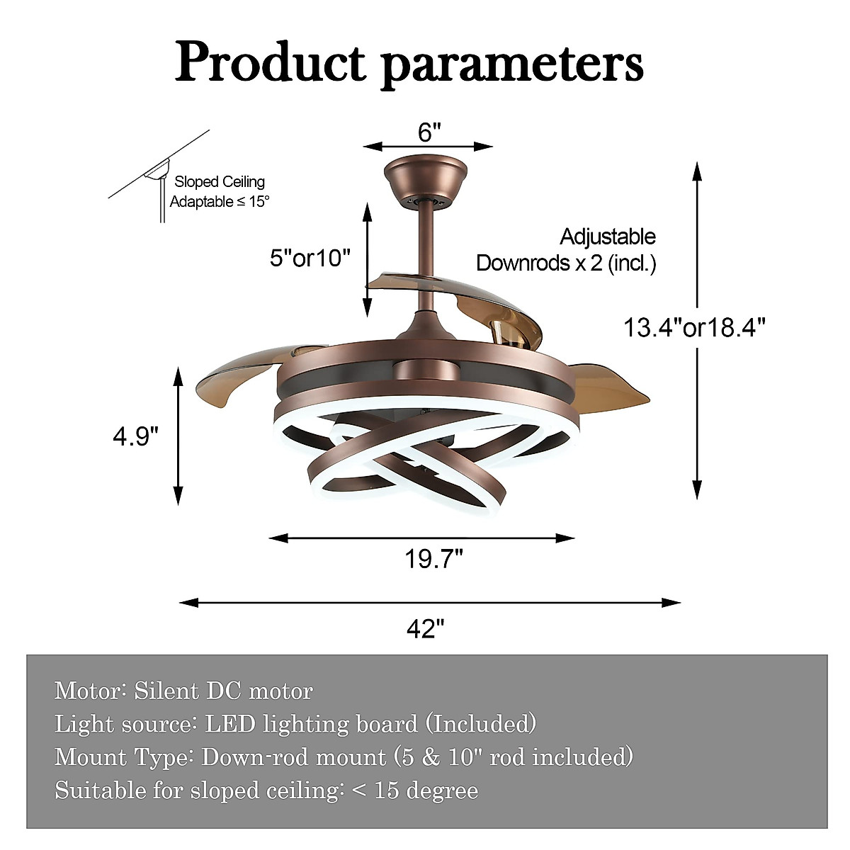 Cusp Barn 42" Retractable Fandelier Ceiling Fan with Lights Remote - Silent Dimmable Modern 6 Speed LED Chandelier Fan for Bedroom Living Room Kitchen
