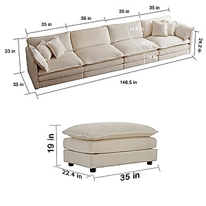 HanStrong 146.5" Modular Sectional Sofa Couch Modern L Shaped Sofa Oversized Upholstered Couch with Ottoman & Toss Pillows, 5 Seat Comfy Chenille Deep Seat Sofa for Living Room Apartment, Beige