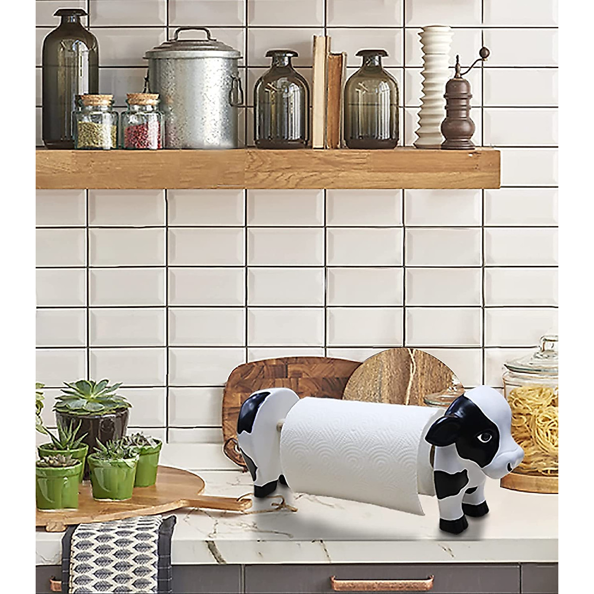 Wooden Paper Towel Holder Countertop Farmhouse Cow Design Paper Towel Roll Holder Stand Base Rustic Animal Paper Towel Organizer for Kitchen Living Room Bedroom Home Farmhouse Decoration