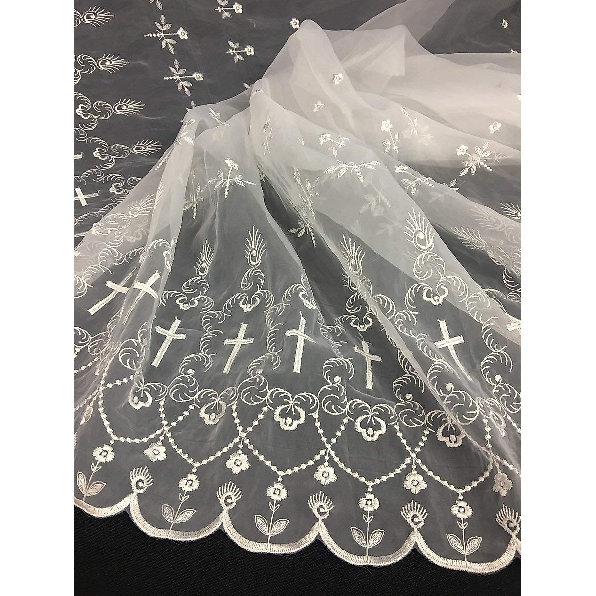 Holy Chalice Cross Embroidered Organza Fabric Double Border, 52" Wide, White, Multi-Use Garment Bridal Communion Christening Baptism Cape Gowns (White, 2)