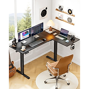 HUANUO L-Shaped Standing Desk, 63 x 40 inch Dual Motor Corner Standing Desk, Electric Height Adjustable Computer Desk with Cable Tray & 3 Preset Heights, Raising Desk for Home Office, Black, HNESD109