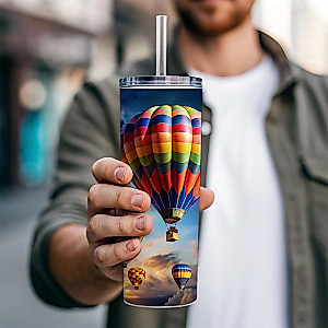 Hot Air Balloons Against a Cloud Covered Deep Blue Sky Skinny Tumbler 20oz with Straw Insulated Water Bottle Gift