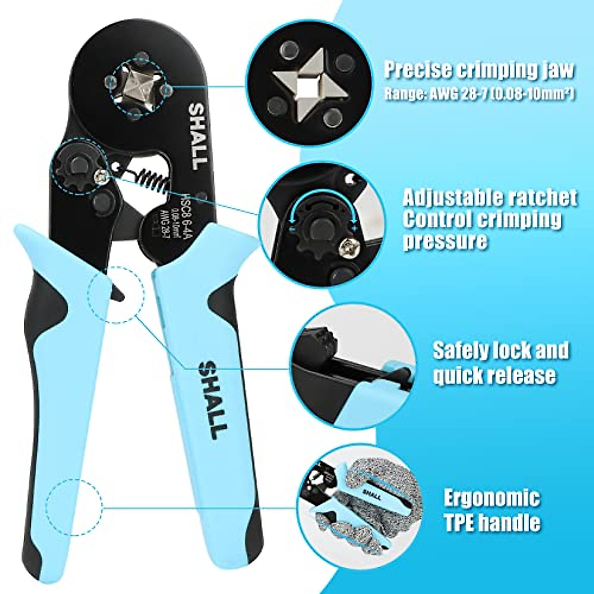 SHALL Crimper Tool, 1800-Piece Wire Ferrule Kit with Wire Stripper, Self-Adjustable Ratchet Wire Crimper Kit for Electricians, for AWG 28-7 (0.08-10mm²) Electrical Wire Connectors, Carry Bag Included