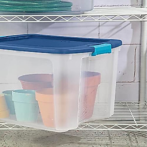 Sterilite 18 Gallon Latch and Carry Storage Tote Box Container, True Blue Lid and Clear Base with Blue Aquarium Latches (6 Pack)