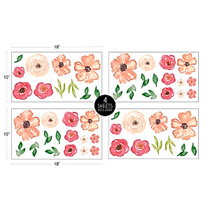 Sweet Jojo Designs Peach, Green and White Wall Decal Stickers for Peach Watercolor Floral Collection - Set of 4 Sheets - Pink Rose Flower