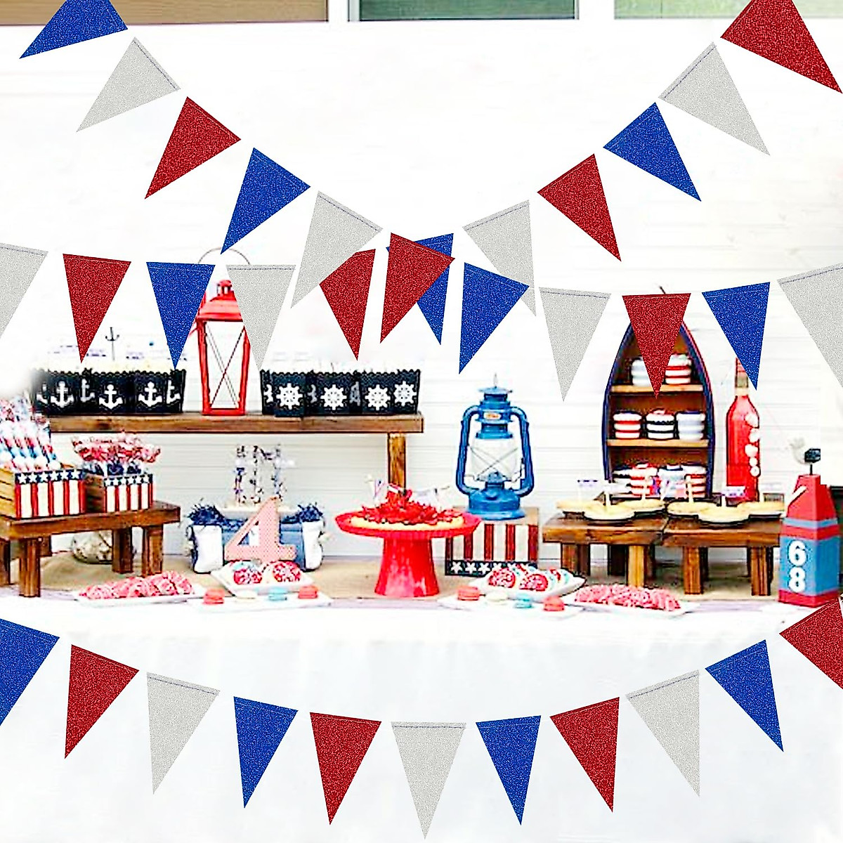 XIANMU Patriotic Pennant Banner Red Blue Silver/White Triangle Flag Bunting Banner Patriotic Decorations Glitter Paper Garlands for 4th of July Independence Day Party Decorations Supplies 40 Feet