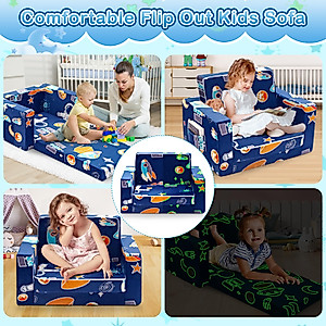 OSYKIU Kids Couch, 2-in-1 Toddler Couch Sofa, Kids Sofa Fold Out, Comfy Toddler Sofa Glowing in The Dark, Child Sofa Chair for Boys Girls Gifts, Convertible Baby Sofa Bed for Playroom Bedroom
