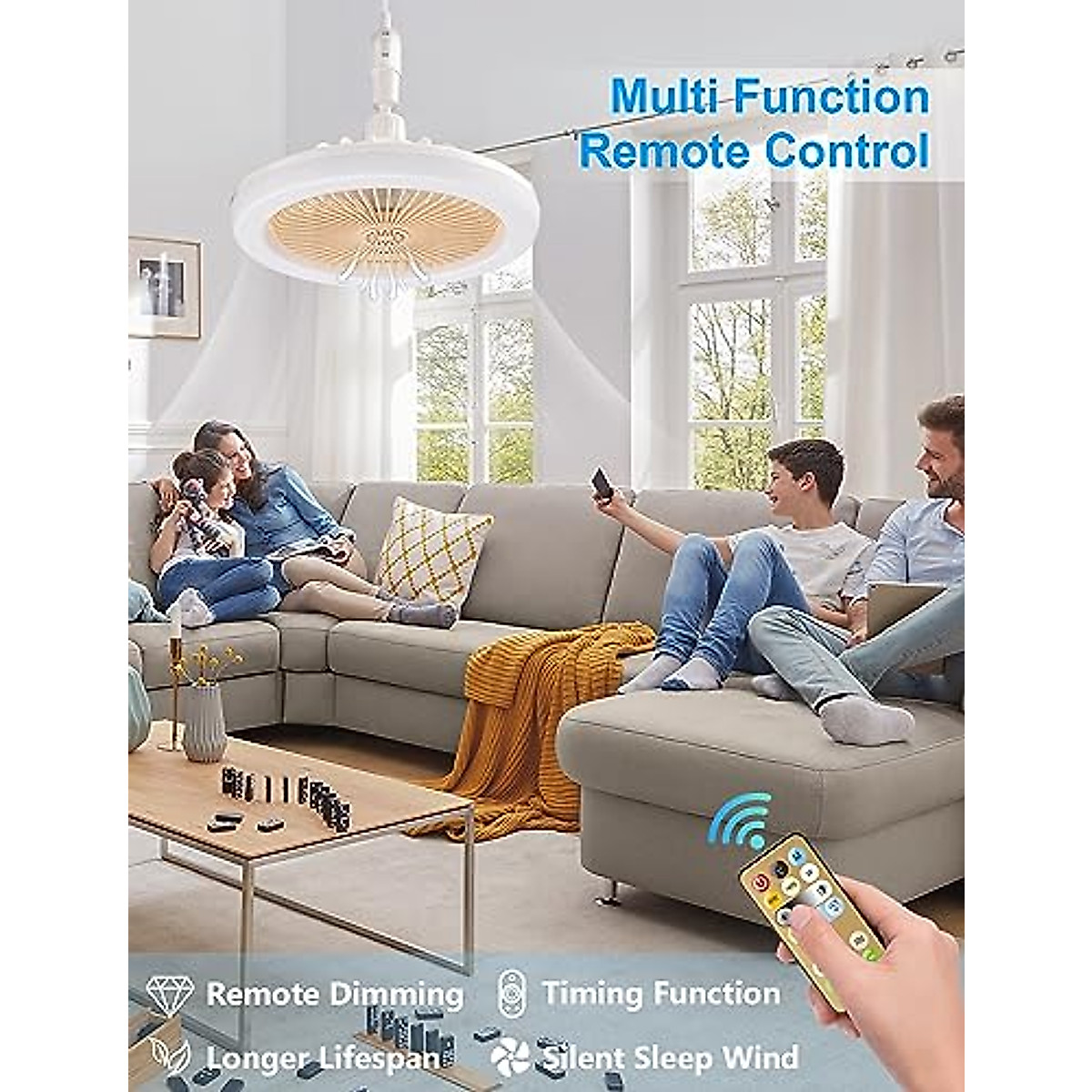 VONFAME Enclosed Ceiling Fan with Light and Remote Small 10-inch E27 Bladeless Ceiling Fans Dimmable LED Lights 3 Gear Wind Speeds Family Summer Gift for Garage Tool Room and Store Room(Yellow)