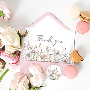 Whaline 24Pcs Wildflower Thank You Cards Bulk Watercolor Pink Flower Greeting Cards with Envelope Sticker Floral Blank Note Cards for Birthday Wedding Baby Shower Bridal Shower, 4 x 6 Inch