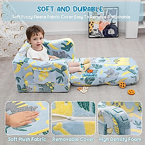 Airpanda Comfy Toddler Couch and Chair for Kids with Blanket, 2-in-1 Soft Plush Fold Out Kids Sofa Chairs for Girls and Boys, Convertible Sofa to Lounger for Playroom, Glowing Dinosaur