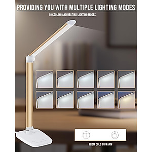 Lichamp Dimmable LED Desk Lamp with USB Charging Port, Touch Control Foldable Gooseneck Free Rotation Adjustable Eye Care Table Lamp, Bedside Reading Light with UL AC Adapter (Gold)