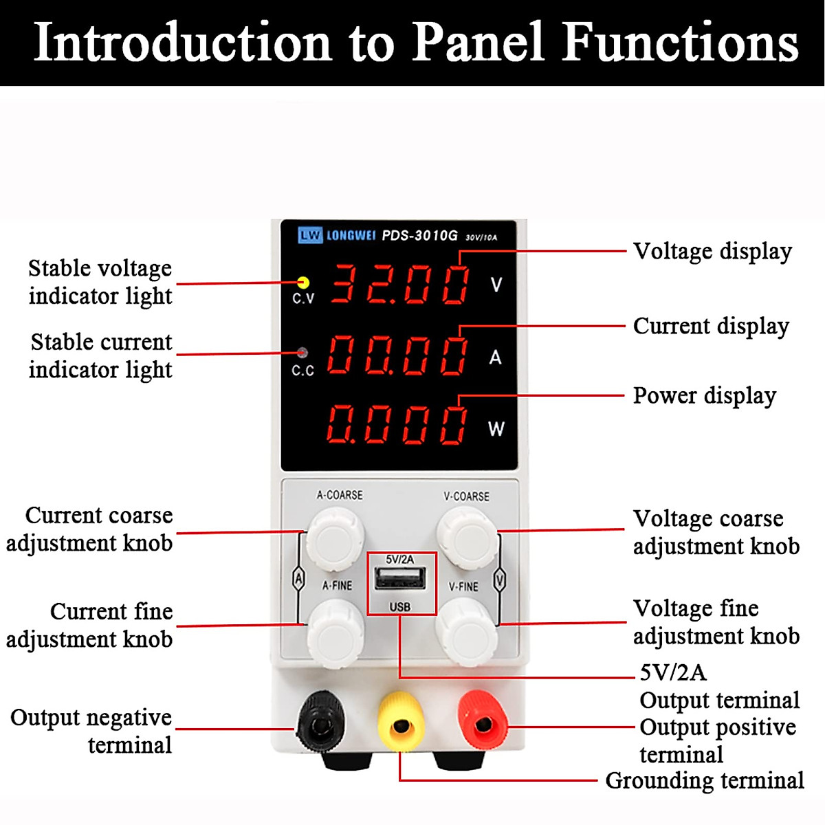 LWLONGWEI DC Power Supply Variable, Adjustable Switching Regulated Power Supply 30V 10A with Encoder Coarse & Fine Adjustments Knob, Beach Power Supply with USB 5V 2A Charge Interface