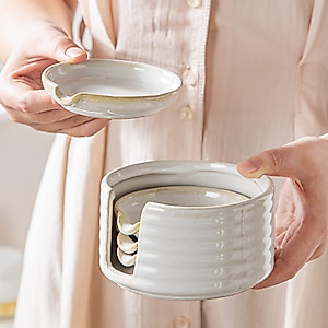 Ceramic Spoon Rest,Spoon Holder,Soy Sauce Dishes with Holder for Kitchen,Household Dipping Sauce Dishes Set, Side Dishes,LIUCUON Kitchen Basics,Set of 4 Kitchen Accessories For Utensils (cream)