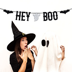 Black Glitter Hey&Boo Banner - Halloween Party Bunting Garlands - Haunted House Decorating, Indoor Outdoor Decorations