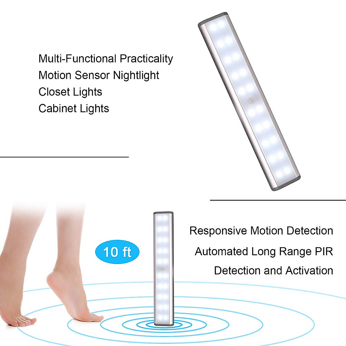 Rechargeable Motion Sensor Led Lights Under Counter Closet Lighting Battery Operated Lights Kitchen 20-Led Under Cabinet Lighting Closet Light Stick On Lights Night Lights Wireless Light (3 Pack)