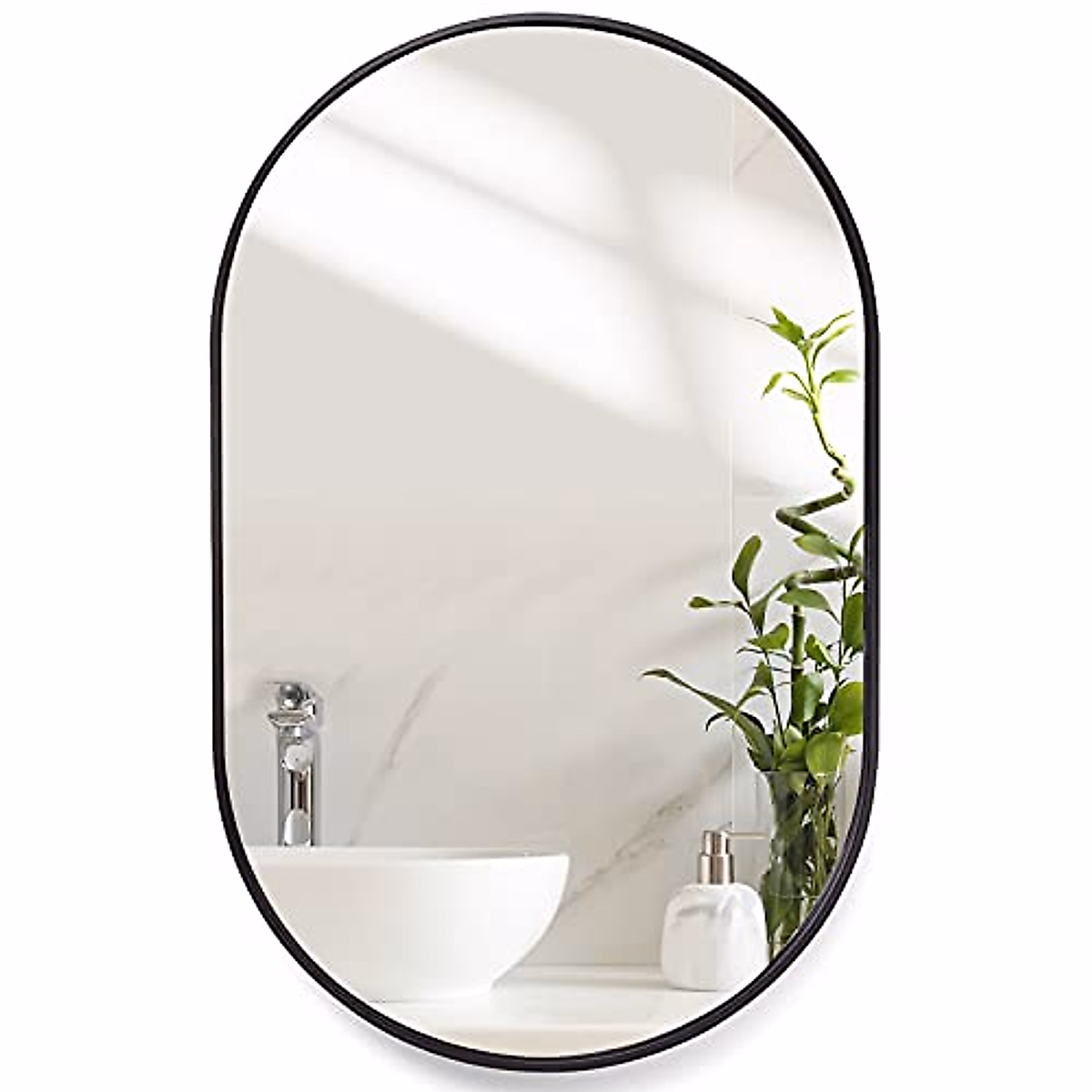 HOWOFURN Wall Mounted Mirror, 20’’x30’’ Oval Bathroom Mirror, Black Vanity Wall Mirror w/ Stainless Steel Metal Frame & Pre-Set Hooks for Vertical & Horizontal Hang, Ideal for Bedroom, Bathroom