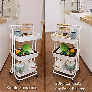Piowio 3 Tier Utility Rolling Cart Multifunction Organizer Shelf Storage Cart with 3 Pieces Cups and 8 Pieces Hooks for Home Kitchen Bathroom Laundry Room Office Store etc. (White)