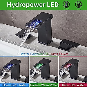 Skybathjoy LED Light Widespread Bathroom Sink Faucet 3 Hole Waterfall Spout Black Bathroom Faucet with Drain and Hoses Assembly RV Bath Vanity Faucets for Sinks 3 Hole