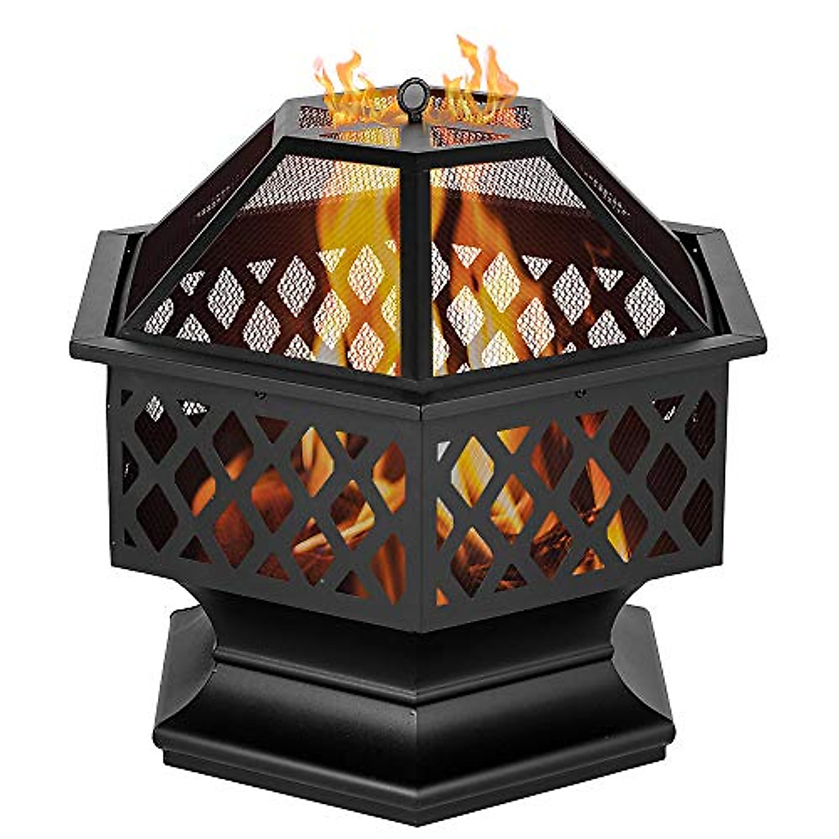 Douup 24-Inch Outdoor Fire Pit with Mesh Screen and Poker Hex Shaped Metal Wood Burning Bonfire Pit for Outdoor Camping Patio Backyard Garden - 8" Deep Bowl