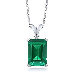 Gem Stone King 925 Sterling Silver Green Nano Emerald and White Diamond Pendant Necklace For Women | 6.52 Cttw | Emerald Cut 14X10MM | With 18 Inch Chain