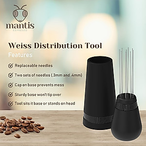 Mantis WDT Tool Espresso - 9 Needle Distribution Tool with Stand | Needle Espresso Stirrer | .4mm and .3mm needles included | Aluminum Alloy Stand (Matte Black)
