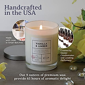 Willa Vanilla & Amber Highly Scented Candle - All Natural Soy Wax Luxury Candles Made in The USA with Essential Oils - Best for a Home / Aromatherapy / Gift / Spa / Bathroom 9oz Jar Candle