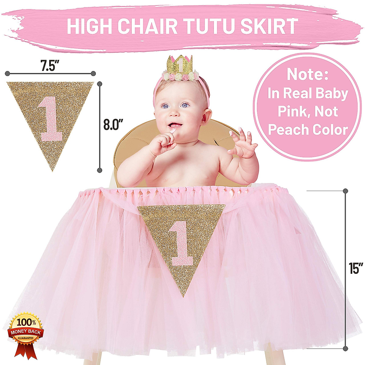 1st Birthday Girl Decoration High Chair Tutu Skirt WITH No.1 Crown -1st Birthday Decorations Cake Smash for Baby Girls - First Birthday Banner, Princess Crown and 'ONE' Cake Topper in Baby Pink n Gold