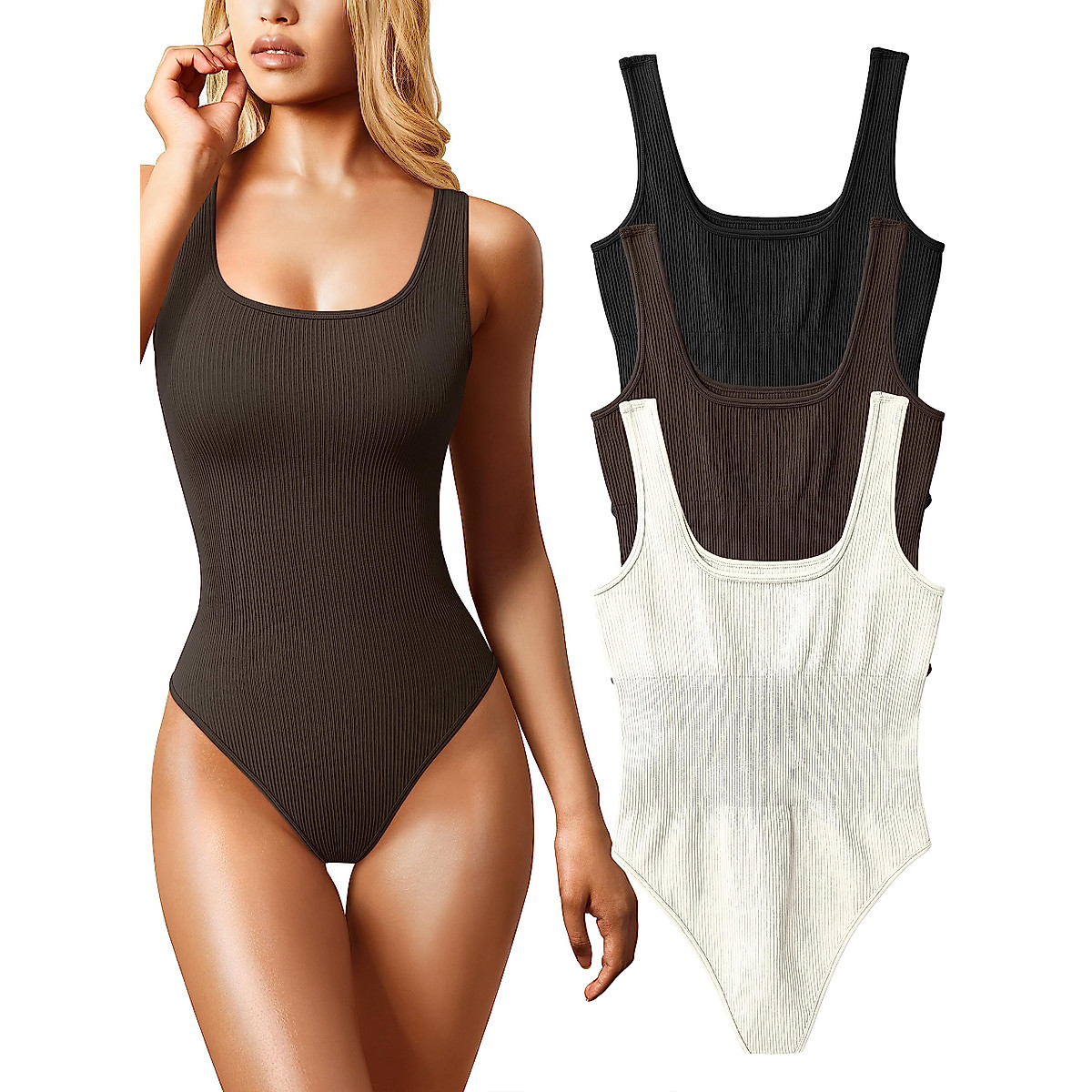 OQQ Women's 3 Piece Bodysuits Sexy Ribbed Sleeveless Square Neck Tank Tops Leotard 2025 Trendy Outfits Black Darkbrown Beige