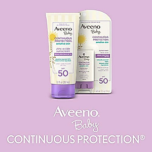 Aveeno Baby Continuous Protection Zinc Oxide Mineral Sunscreen Lotion for Sensitive Skin, Broad Spectrum SPF 50, Tear-Free, Sweat- & Water-Resistant, Paraben-Free, Non-Greasy, 7 fl. oz