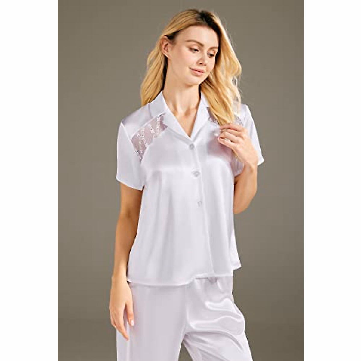 AW BRIDAL 2Pcs Sexy Womens Pajama Sets - Short Sleeve Silk Pajamas Long Pj Pants With Lace, Button Up Pajamas For Women, White, S| Clever Bridal Shower Gifts Bachelorette Gifts For Bride Pajamas