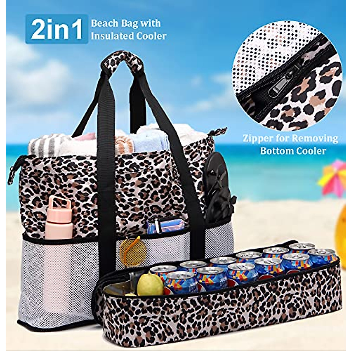 JIANYA Beach Bag Women Waterproof Sandproof Beach Tote Bags with Cooler Top Zipper Large Totes for Beach Pool Travel Daily