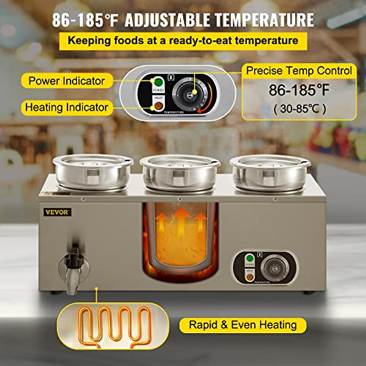 VEVOR 110V Commercial Food Warmer 12.6 Qt Capacity, 800W Electric Soup Warmer Adjustable Temp.86-185℉, Stainless Steel Countertop Soup Pot with Tap, Bain Marie Food Warmer for Cheese/Hot Dog/Rice