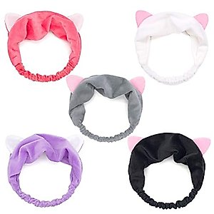 Onwon 5 Pcs Cat Ear Headbands, Washing Face Shower Headbands, Fluffy Elastic Makeup Hairbands, Beauty lovely Spa Head Bands, Makeup Wrap, Elastic Makeup Hair Bands for Spa Sport