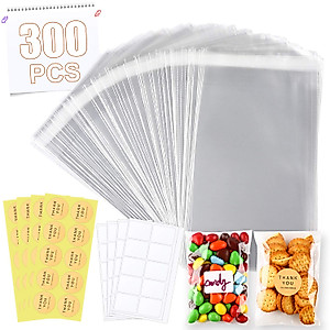 300 PCS 4×6 Inches Clear Resealable Cellophane Bags with 40 PCS Blank Self-adhesive Label Paper and 40 PCS Thank You Stickers for Bakery, Candle, Soap, Cookie Poly Bags