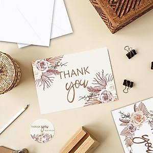 AnyDesign Boho Floral Thank You Cards Bulk 36 Pack Boho Rose Bouquets Note Cards with Envelope Stickers Flower Blank Cards for Wedding Bridal Shower Baby Shower Birthday Party, 4 x 6 Inch