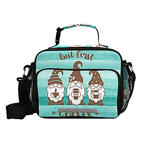 Teal Turquoise Wood Coffee Gnome Lunch Bags for Women Men Green Lunch Box Insulated Thermal Cooler Bag Reusable Organizer Tote Lunch Bag with Adjustable Shoulder Strap for Work Picnic Beach Sporting