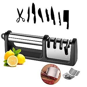 Knife Sharpener 4-Stage Kitchen Knife and Scissor Sharpeners With 304 Finger Guarder and Cleaning Brush
